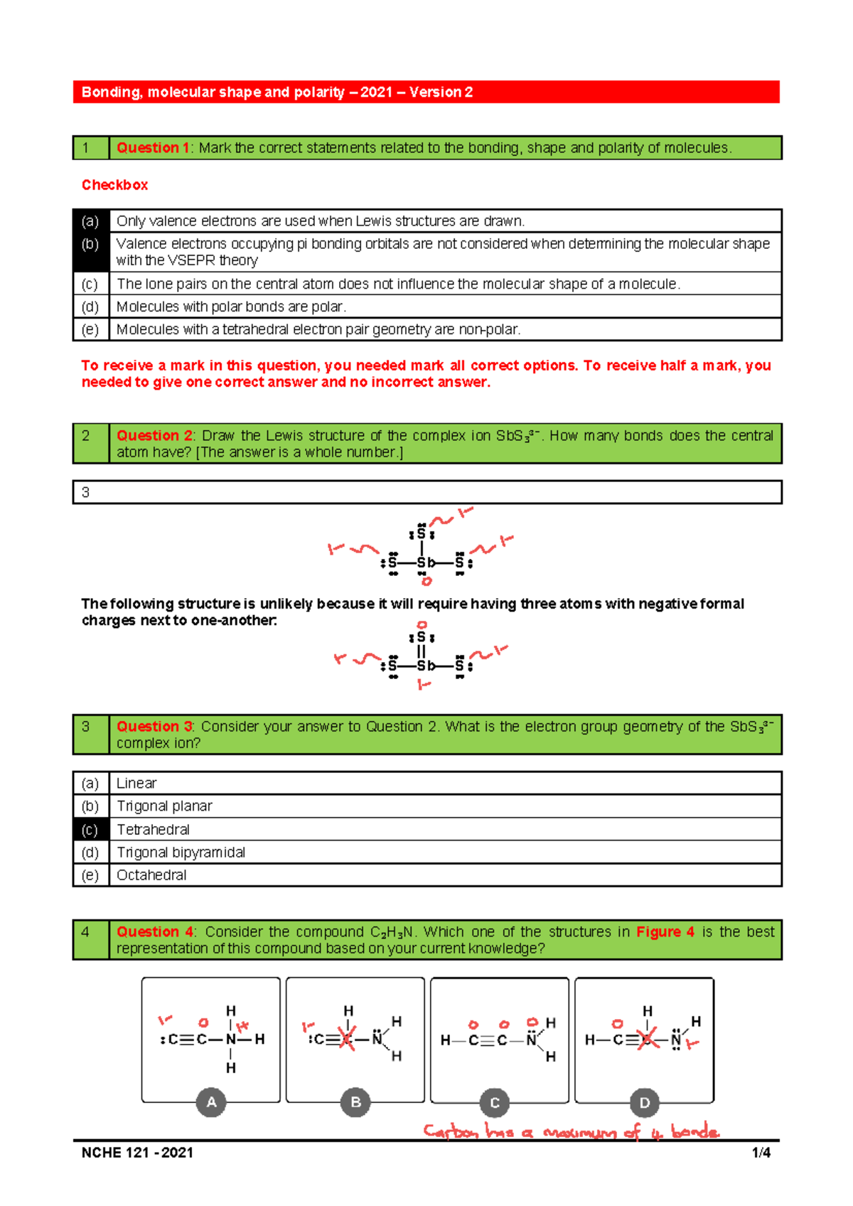 NCHE 121 Test 3 - Bonding, Molecular Shape & Polarity Answers - Studocu