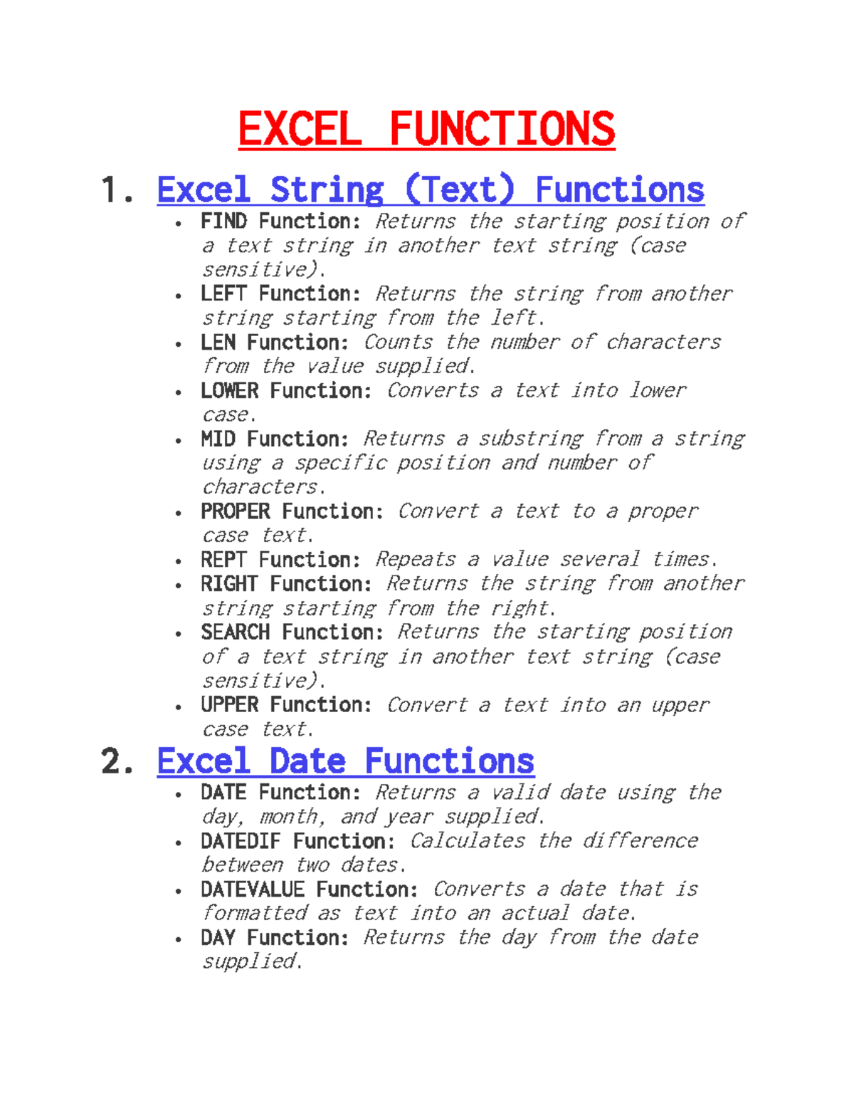 Excel Functions Overview: Text, Date, Time, Logical, Lookup, Info - Studocu