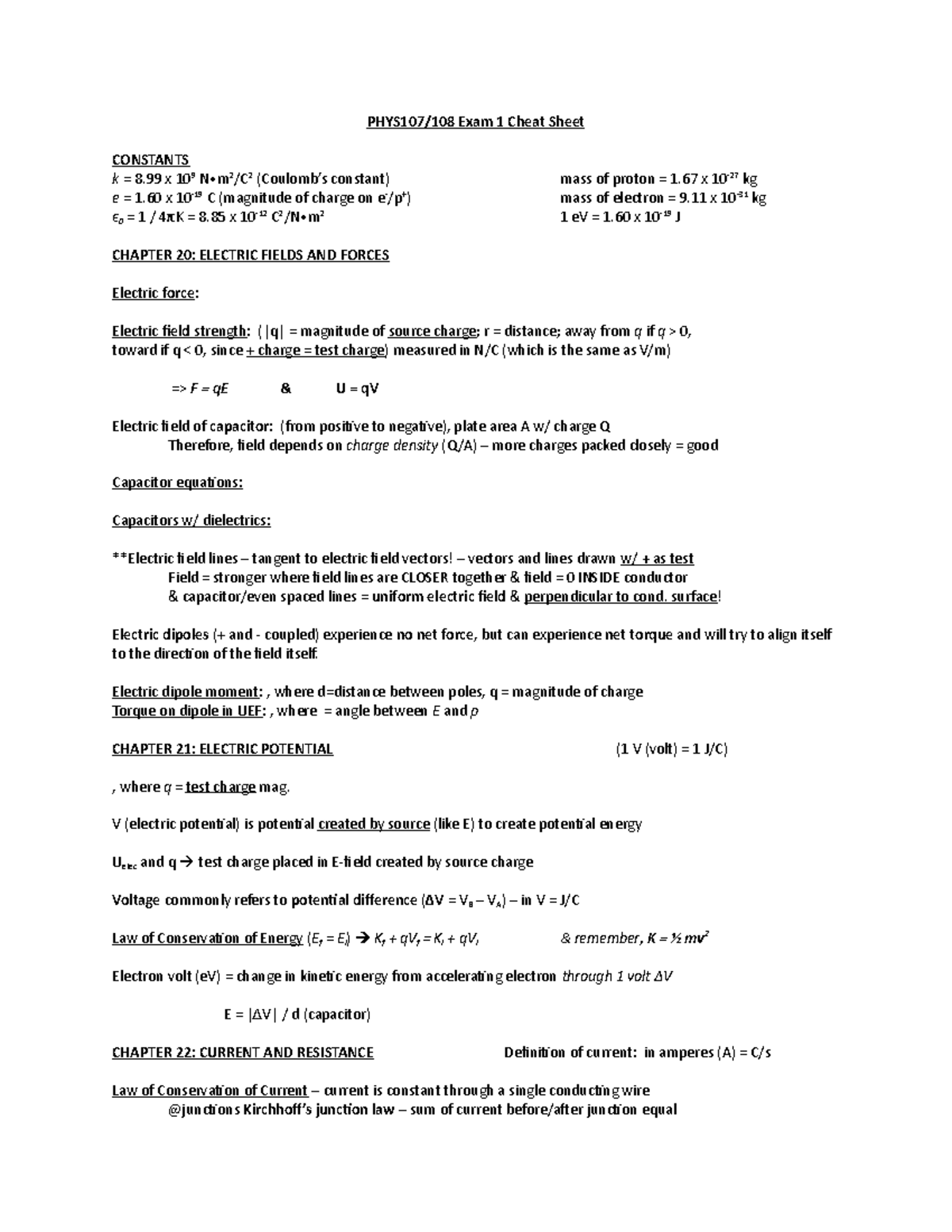 PHYS107 Exam 1 Cheat Sheet: Electric Fields, Potentials, & Circuits ...