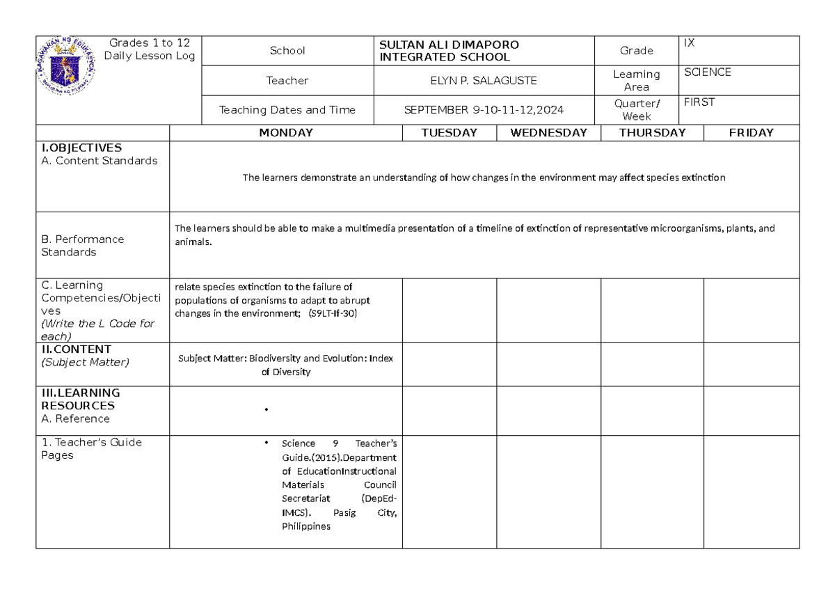 Daily Lesson Log for Grade IX Science - Week 6 - Studocu