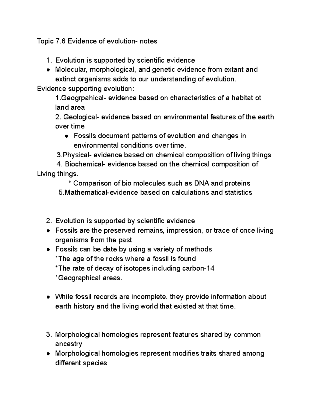 7.6 Notes - Topic 7 Evidence of evolution- notes Evolution is supported ...