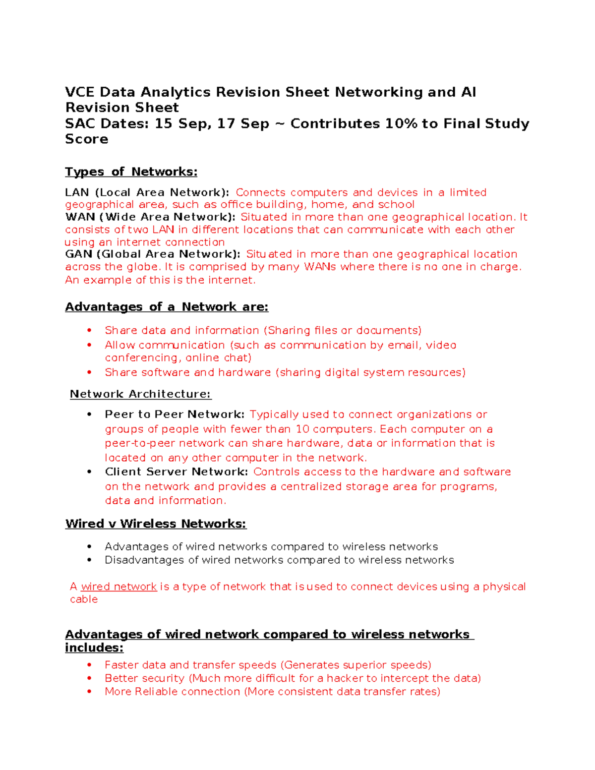VCE Data Analytics Revision Sheet: Networking & AI Overview - Studocu