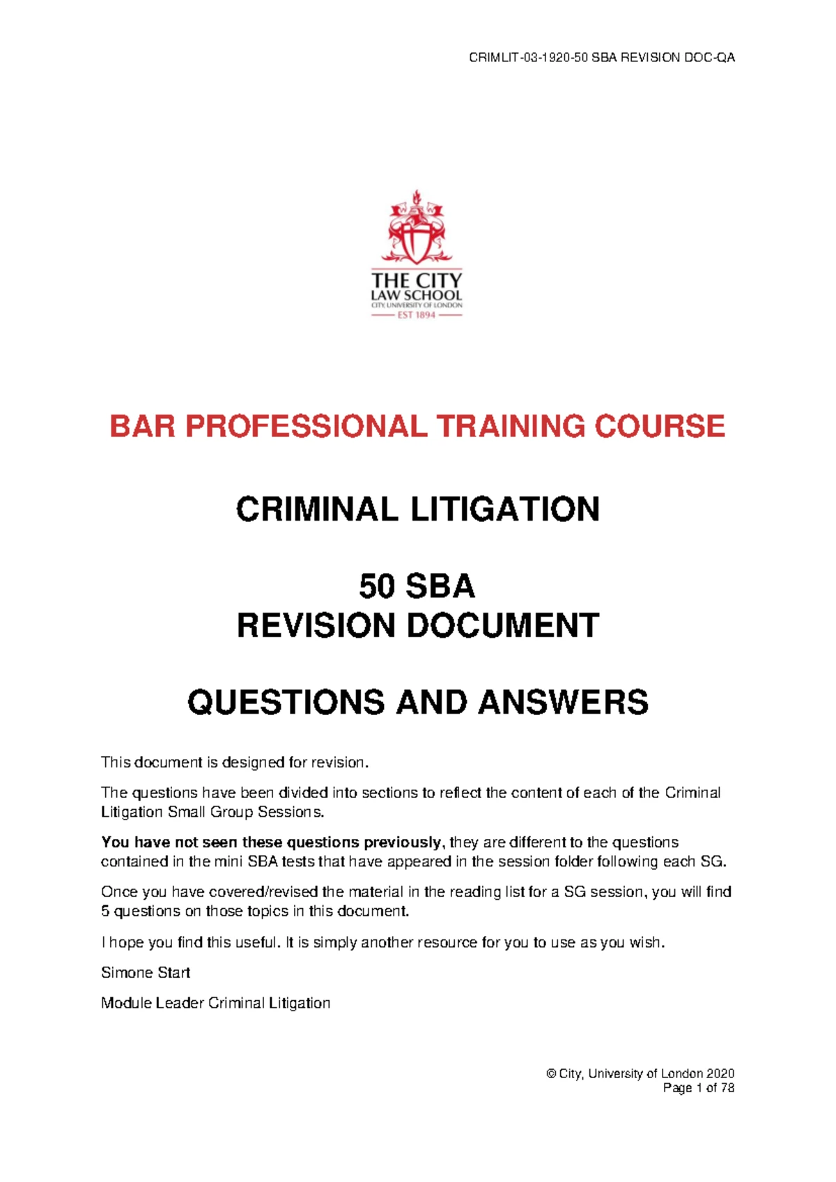Criminal Litigation SBA Revision Paper: 50 Sample Questions - QA - Studocu