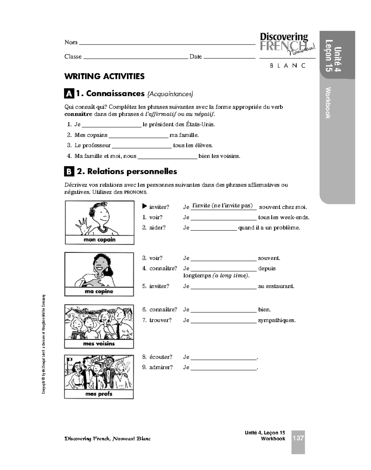 Discovering French Nouveau! Blanc - Unité 4 Leçon 15 Workbook ...