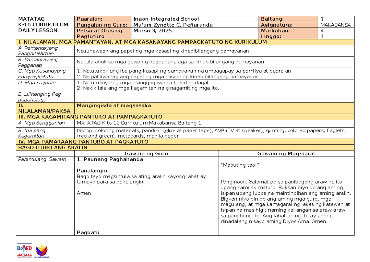 Makabansa Lesson Plan for Grade 1 (MATATAG K-10 Curriculum) - Studocu