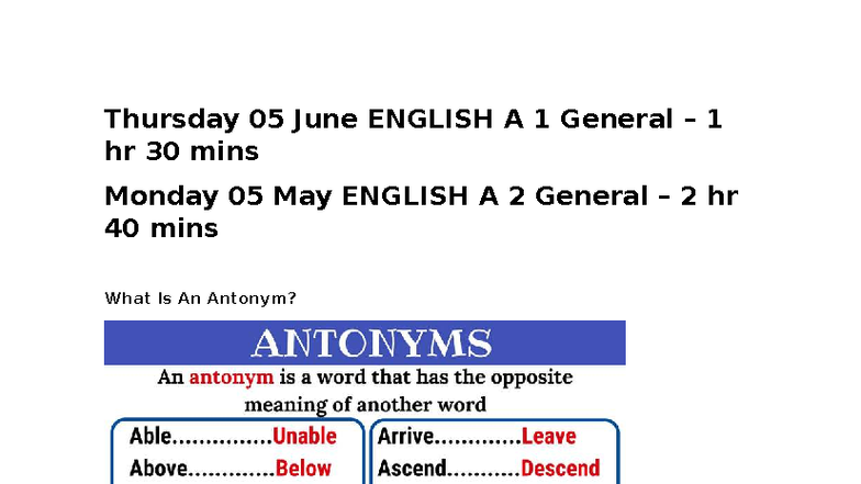 Antonyms Overview: Types and Examples for ENGLISH A 1 & 2 - Studocu