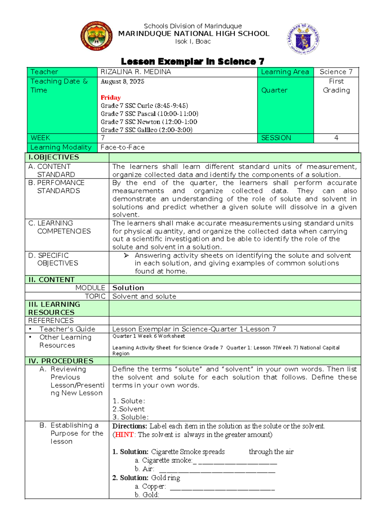 Lesson Exemplar in Science 7: Solvent and Solute Activity Sheet - Studocu
