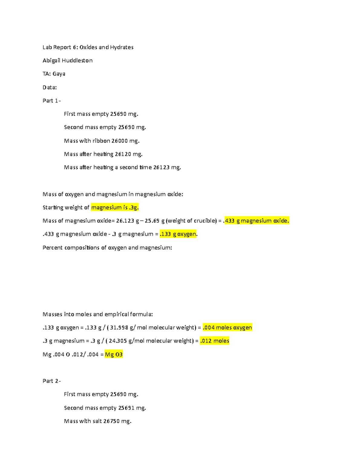 Lab report 6 gen chem - Lab Report 6: Oxides and Hydrates Abigail ...