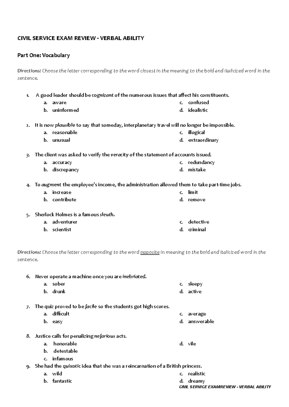 CIVIL SERVICE EXAM REVIEW CSE 2023: VERBAL ABILITY Study Guide - Studocu