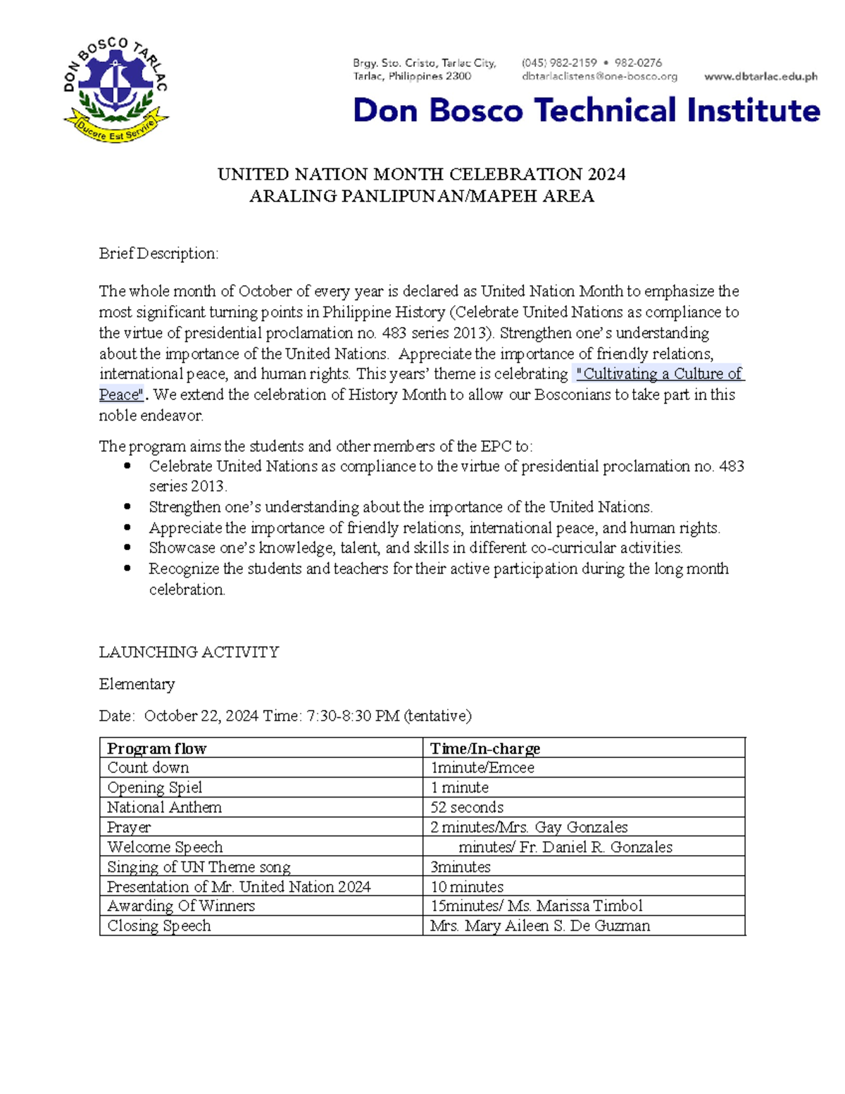 United Nations Month Celebration 2024 - AP/MAPEH Activities - Studocu