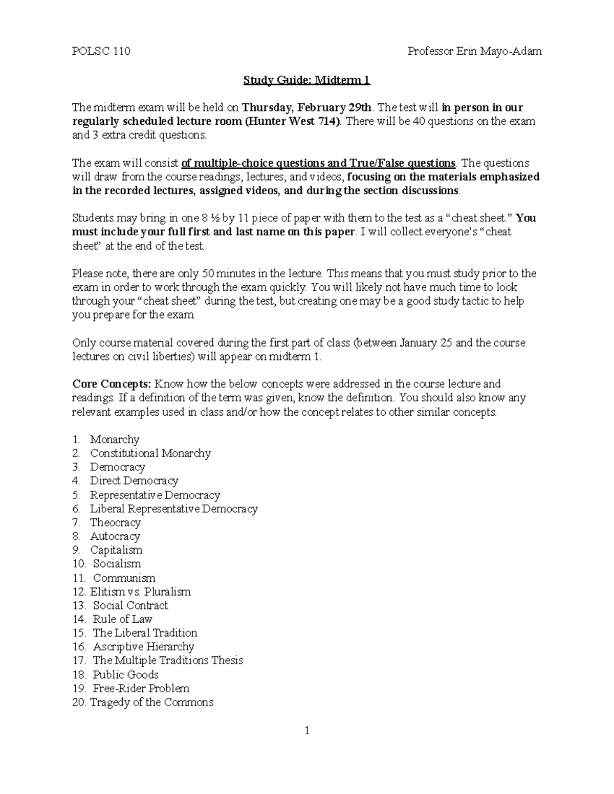 POLSC Study Guide: Midterm 1 SP24 - Key Concepts & Exam Tips - Studocu