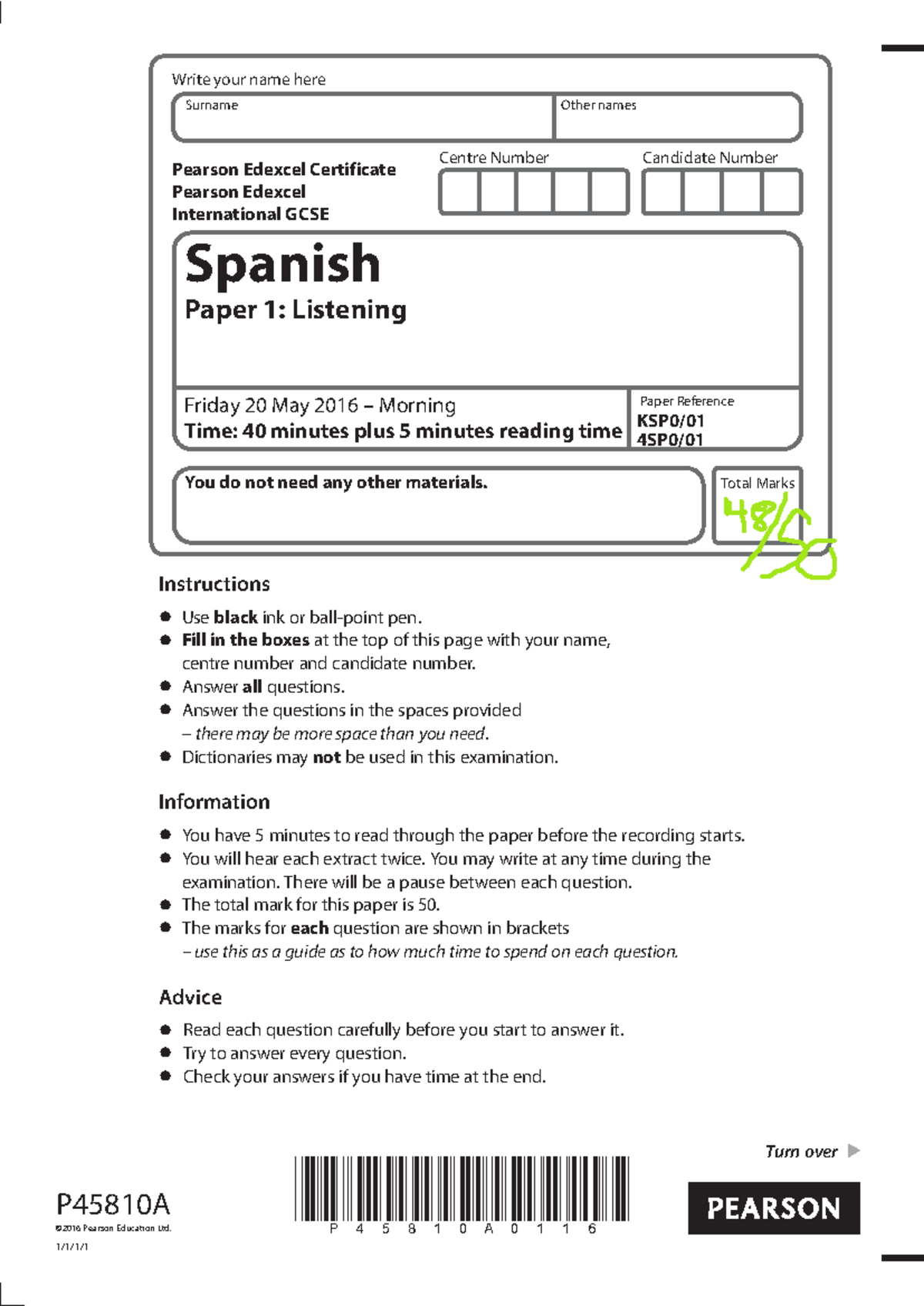 Spanish Paper 1: Listening Exam 4SP0 01 - May 2016 - Studocu