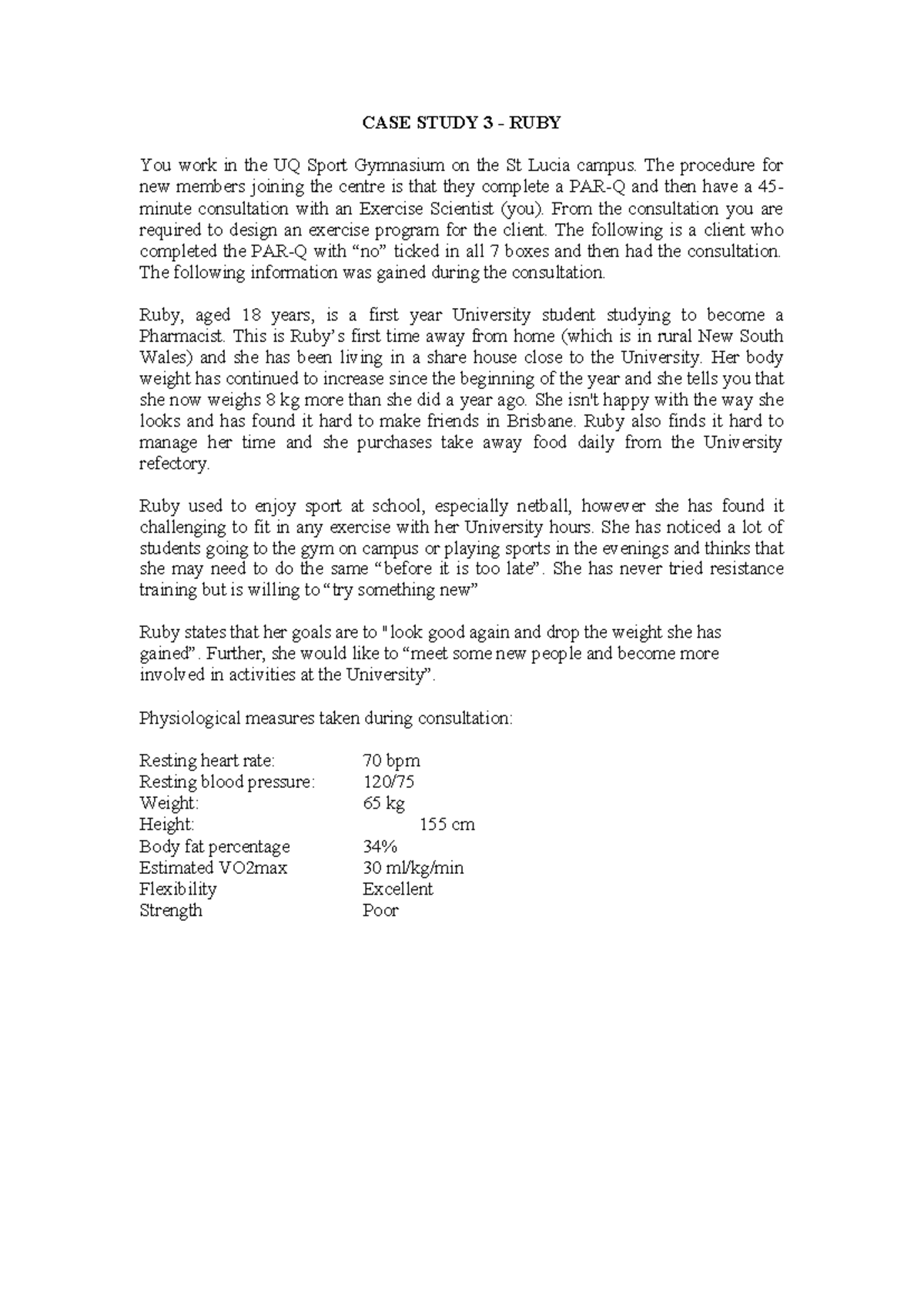 Assignment 1 - Case Study 3: Client Profile of Ru at UQ Sport - Studocu