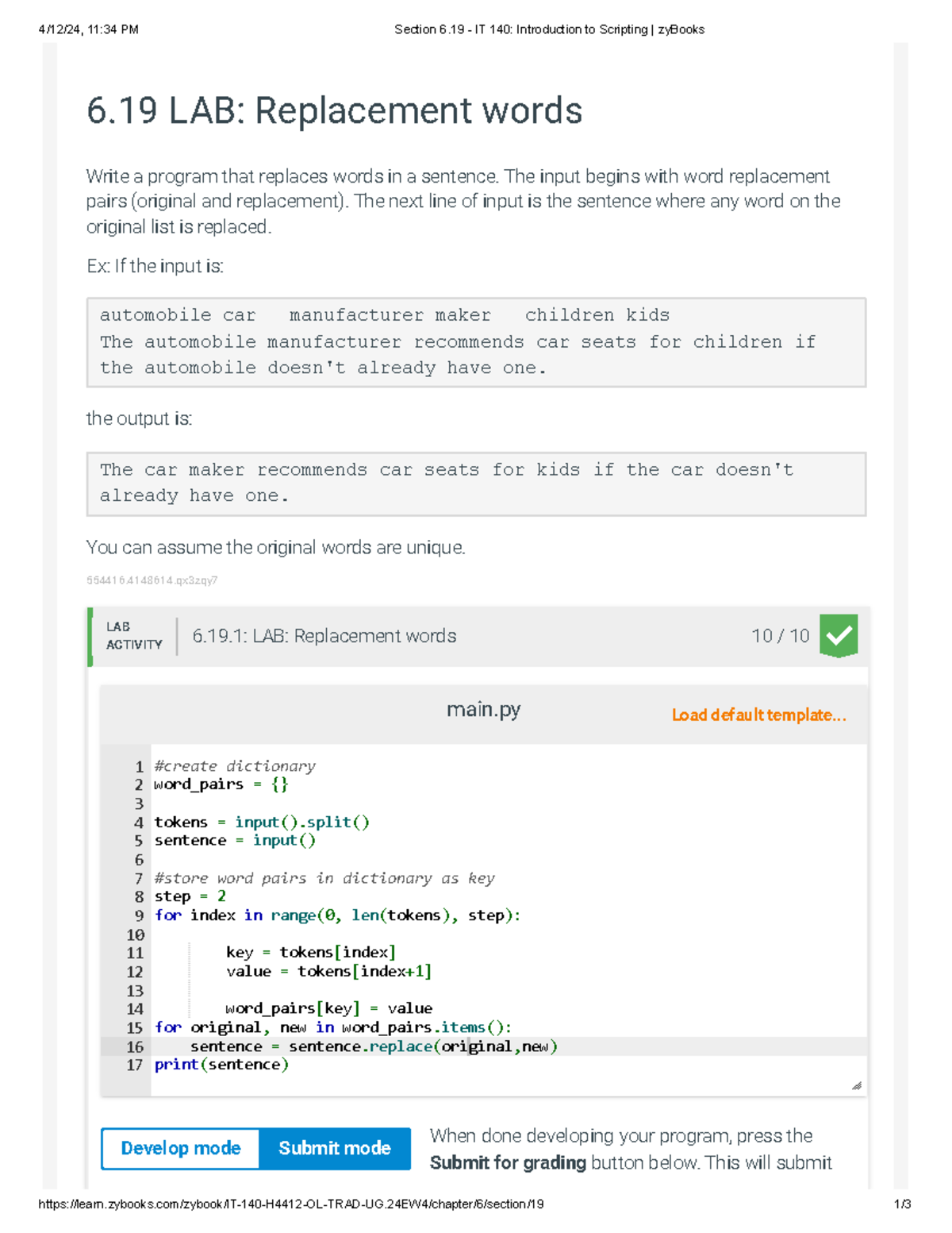 IT 140 Lab 6.19: Word Replacement Program Development Guide - Studocu