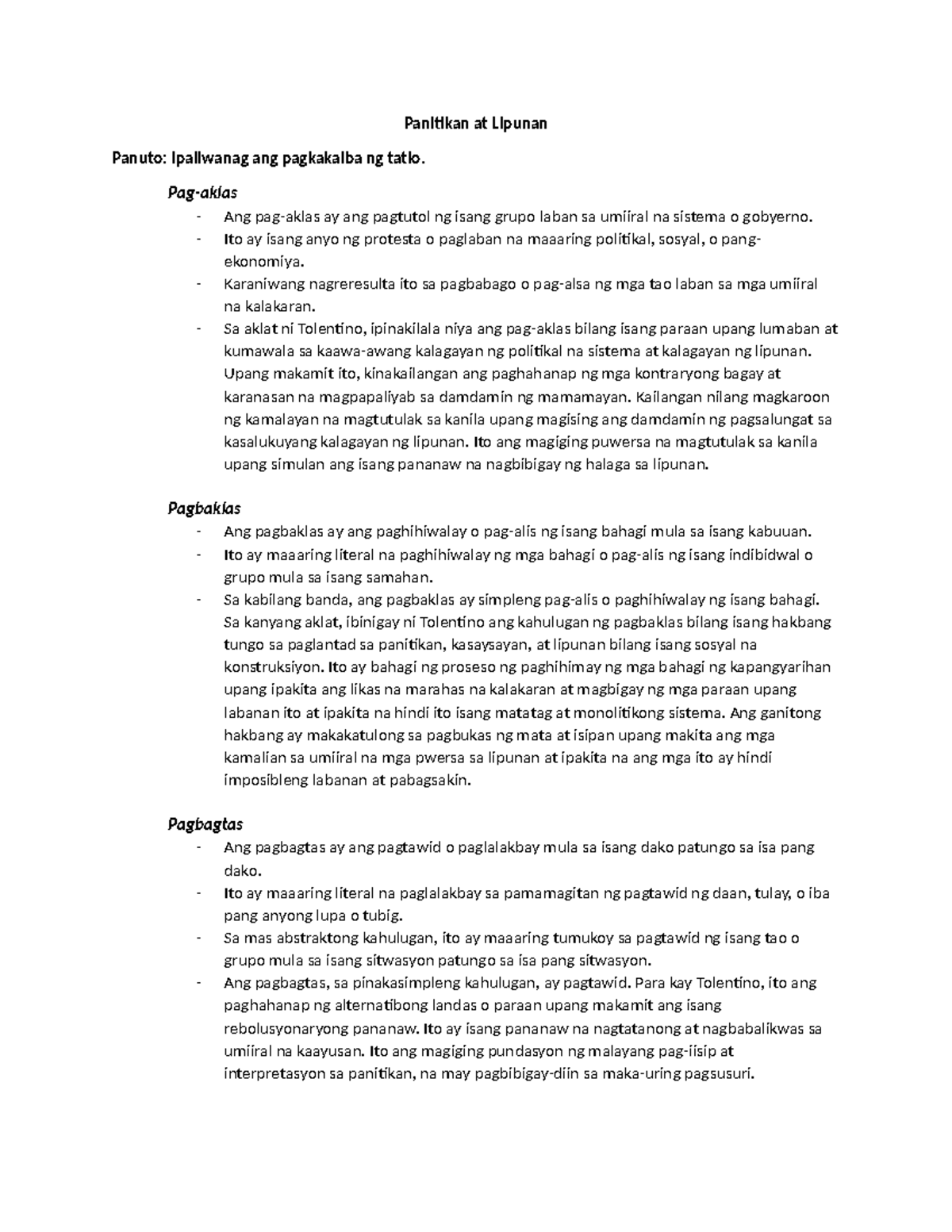 Pag-aklas, Pagbaklas, at Pagbagtas: Isang Pagsusuri sa Panitikan at Lipunan - Studocu