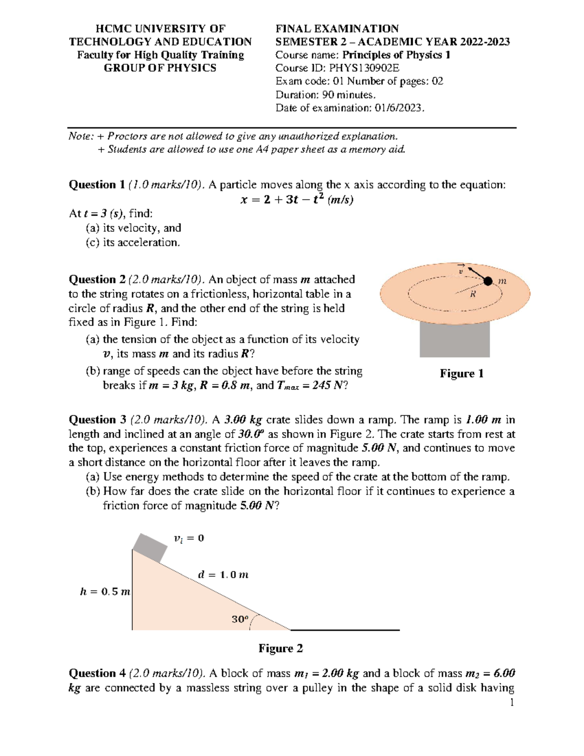 PHYS130902E Principles of Physics 1 Final Exam Questions & Solutions ...