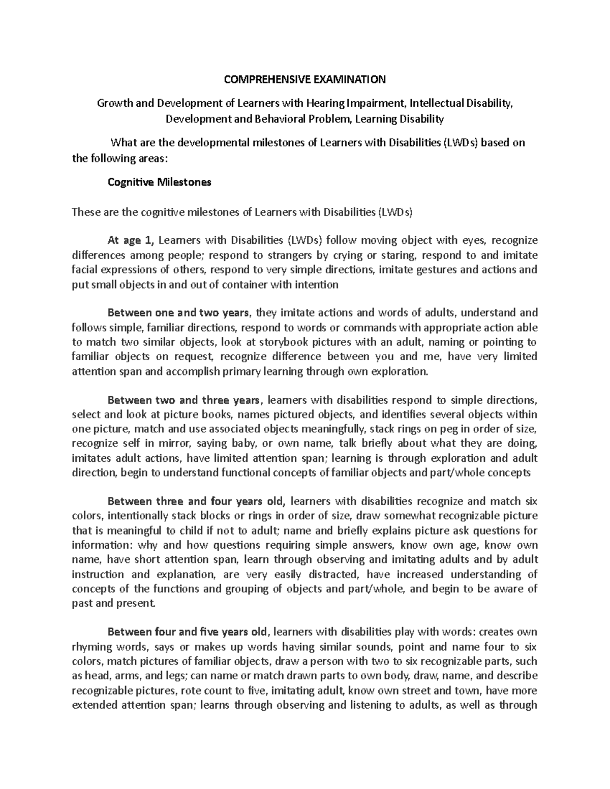 Comprehensive Exam in SPED: Developmental Milestones of Learners - Studocu
