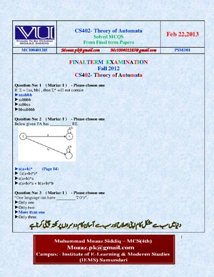 CS402 Quiz-1 File By Vu Topper RM - CS402 Theroy Of Automata Update MCQS For Quiz-1 File Solve ...
