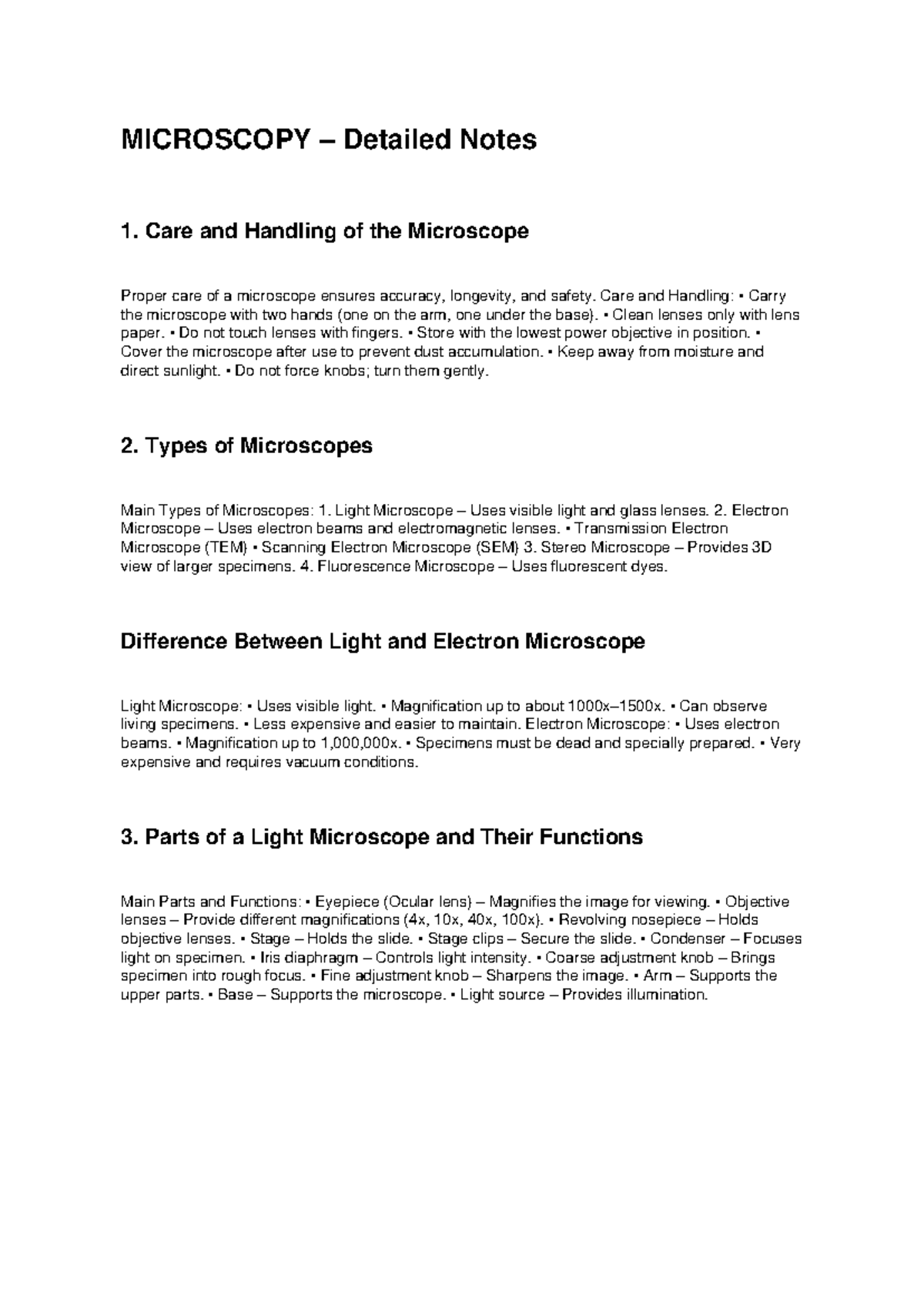 MICR 101: Detailed Care and Types of Microscopes Notes - Studocu