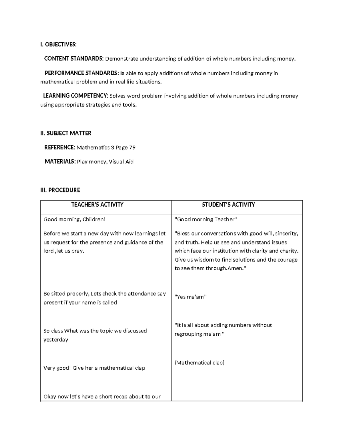 LP-MATH-Addition of Whole Numbers & Money: Lesson Plan - Studocu