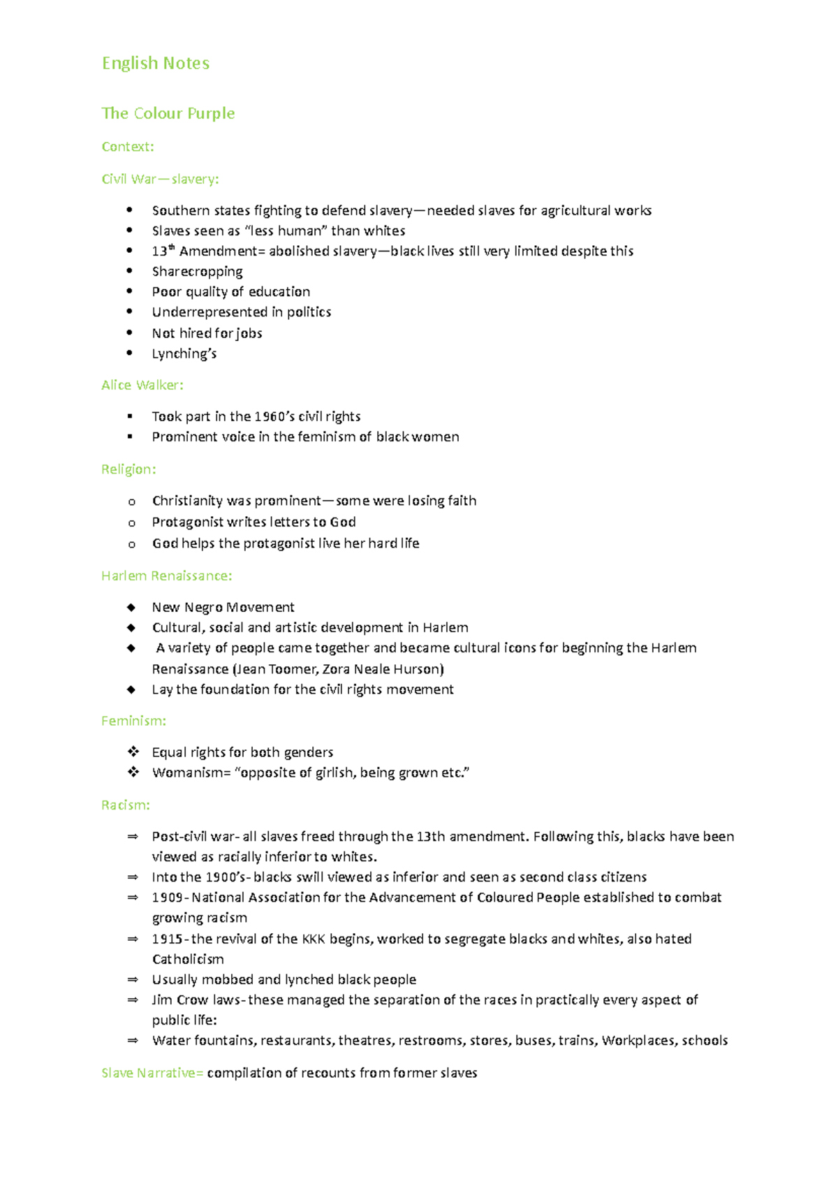 The Colour Purple Notes - English Notes The Colour Purple Context ...