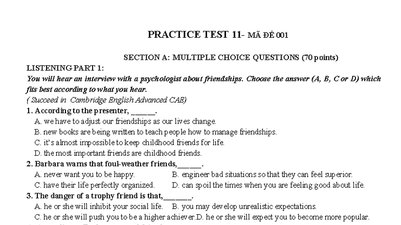 PRACTICE TEST CAE 001: MULTIPLE CHOICE & LISTENING QUESTIONS - Studocu