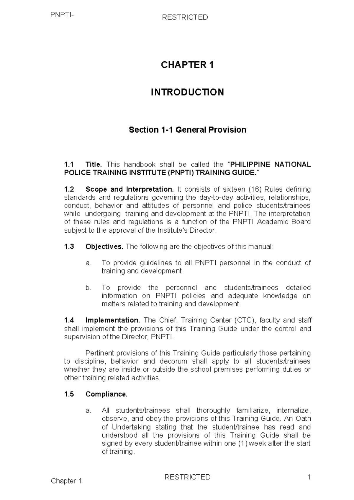 PNPTI Training Handbook: Chapter 1 - Introduction and Policies - Studocu