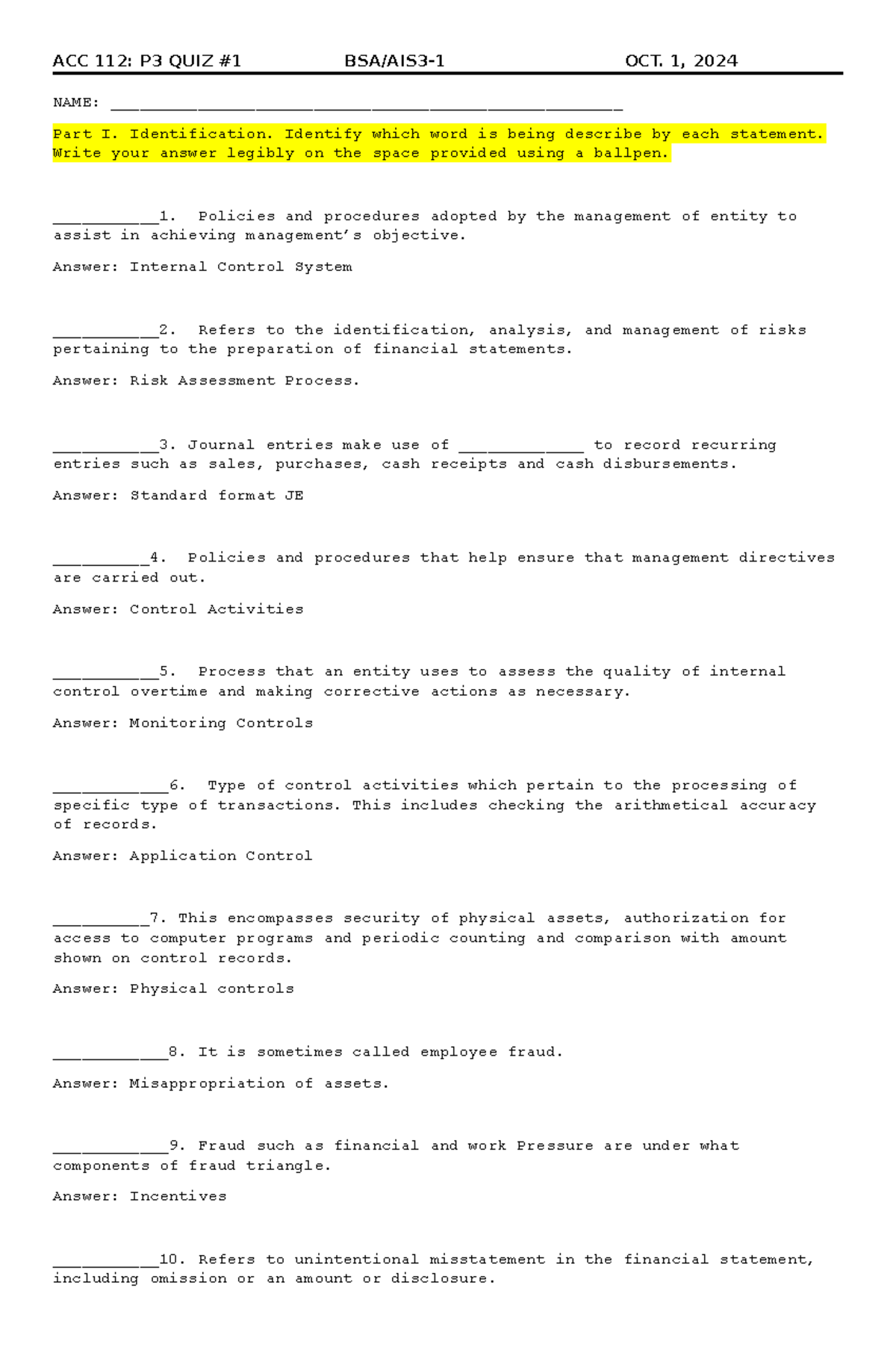 ACC-112 1s2425 P3-Quiz-1: Internal Control & Risk Management Concepts ...