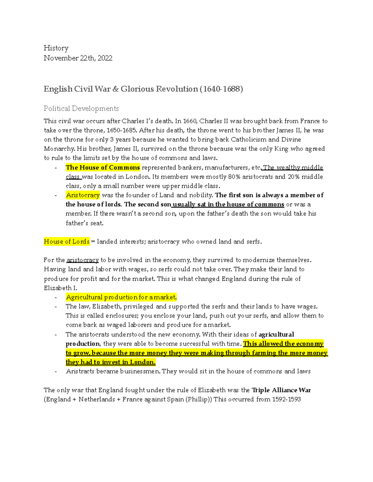 History 11: The English Civil War & Glorious Revolution Notes - Studocu