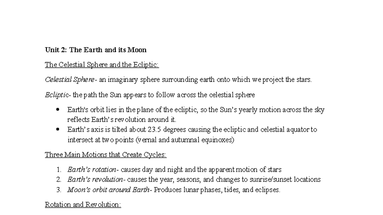 Unit 2: The Earth and its Moon - Study Guide on Celestial Motions - Studocu