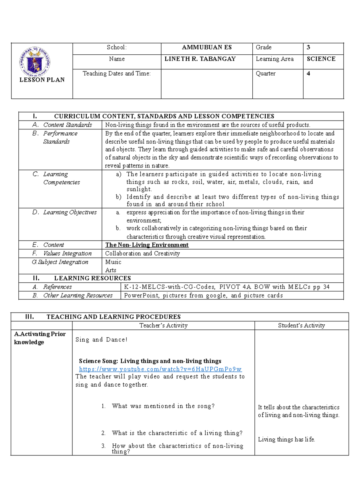 Grade 3 Science Lesson Plan: Exploring Living & Nonliving Things - Studocu