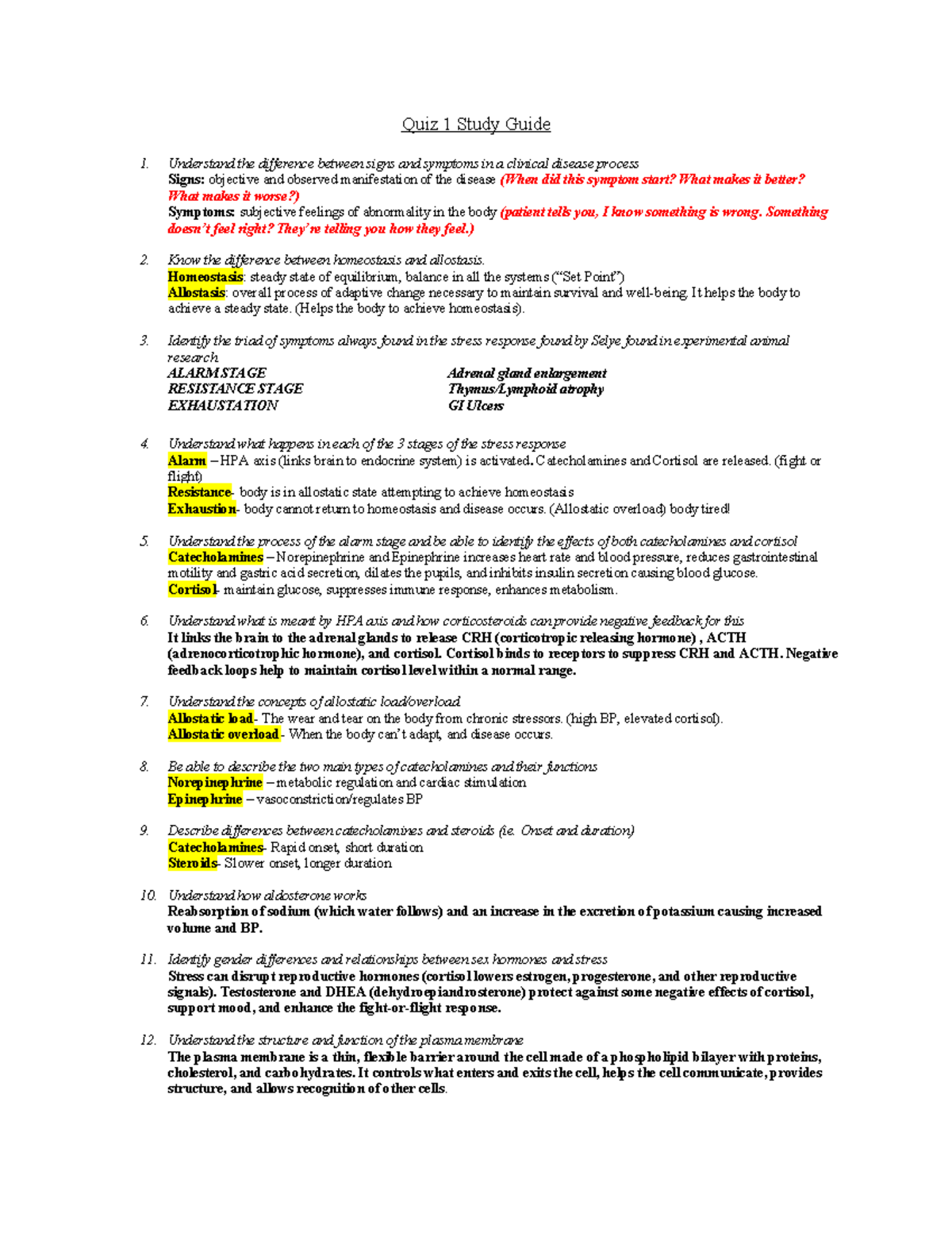 Quiz 1 Study Guide: Key Concepts in Pathophysiology - Studocu