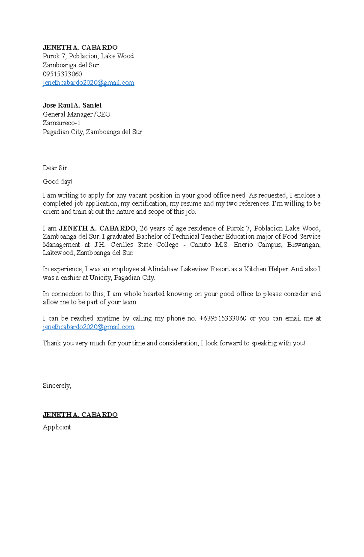 Application Letter for Employment by Jeneth A. Cabardo - Studocu