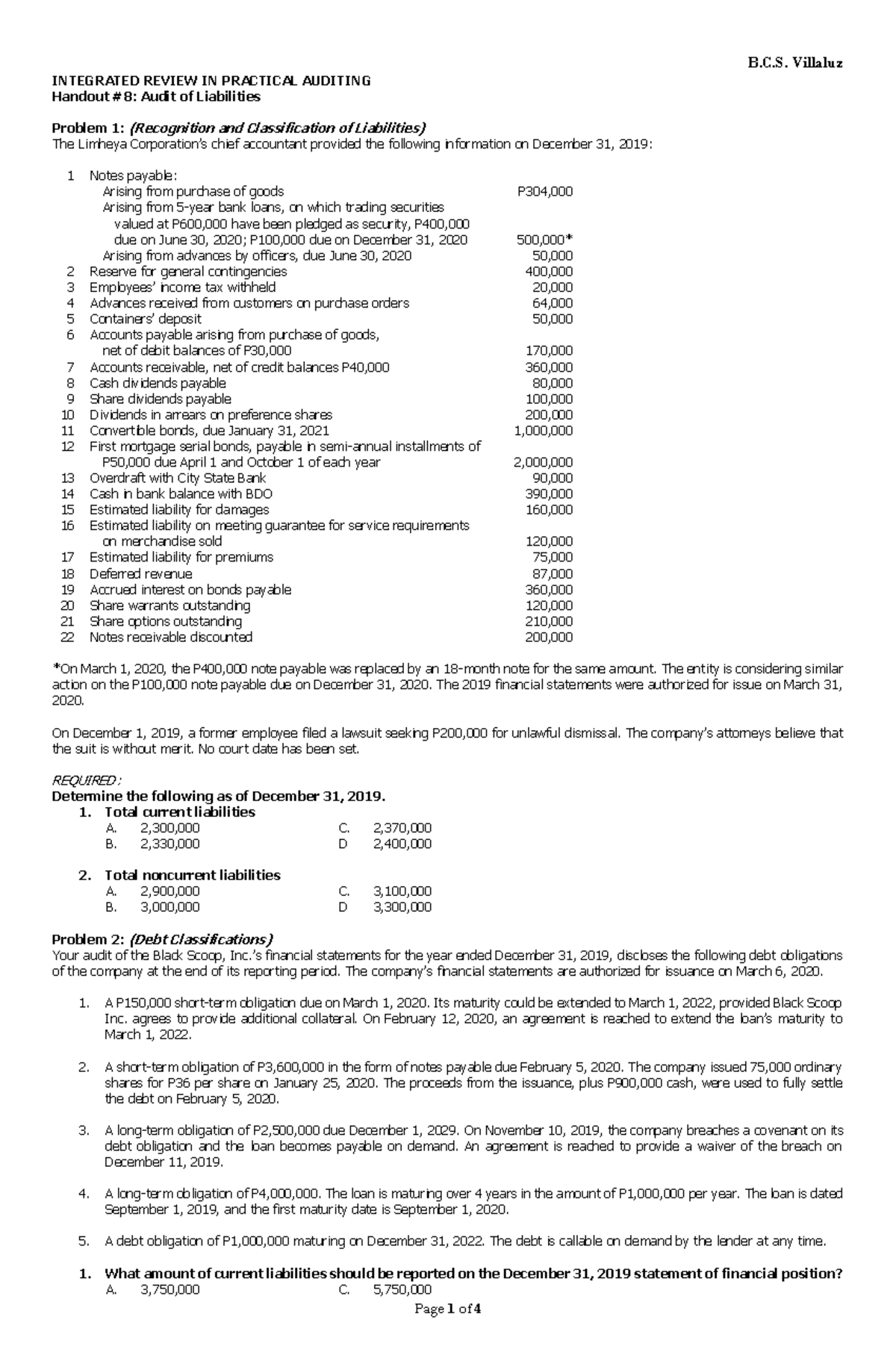 Pdfcoffee - RELEVANT - INTEGRATED REVIEW IN PRACTICAL AUDITING Handout #8: Audit of Liabilities ...