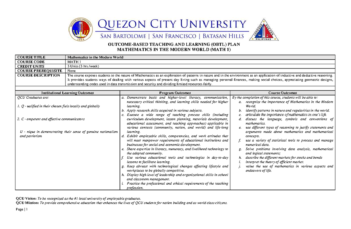 Mathematics in the Modern World (MATH 1) Course Syllabus - Studocu