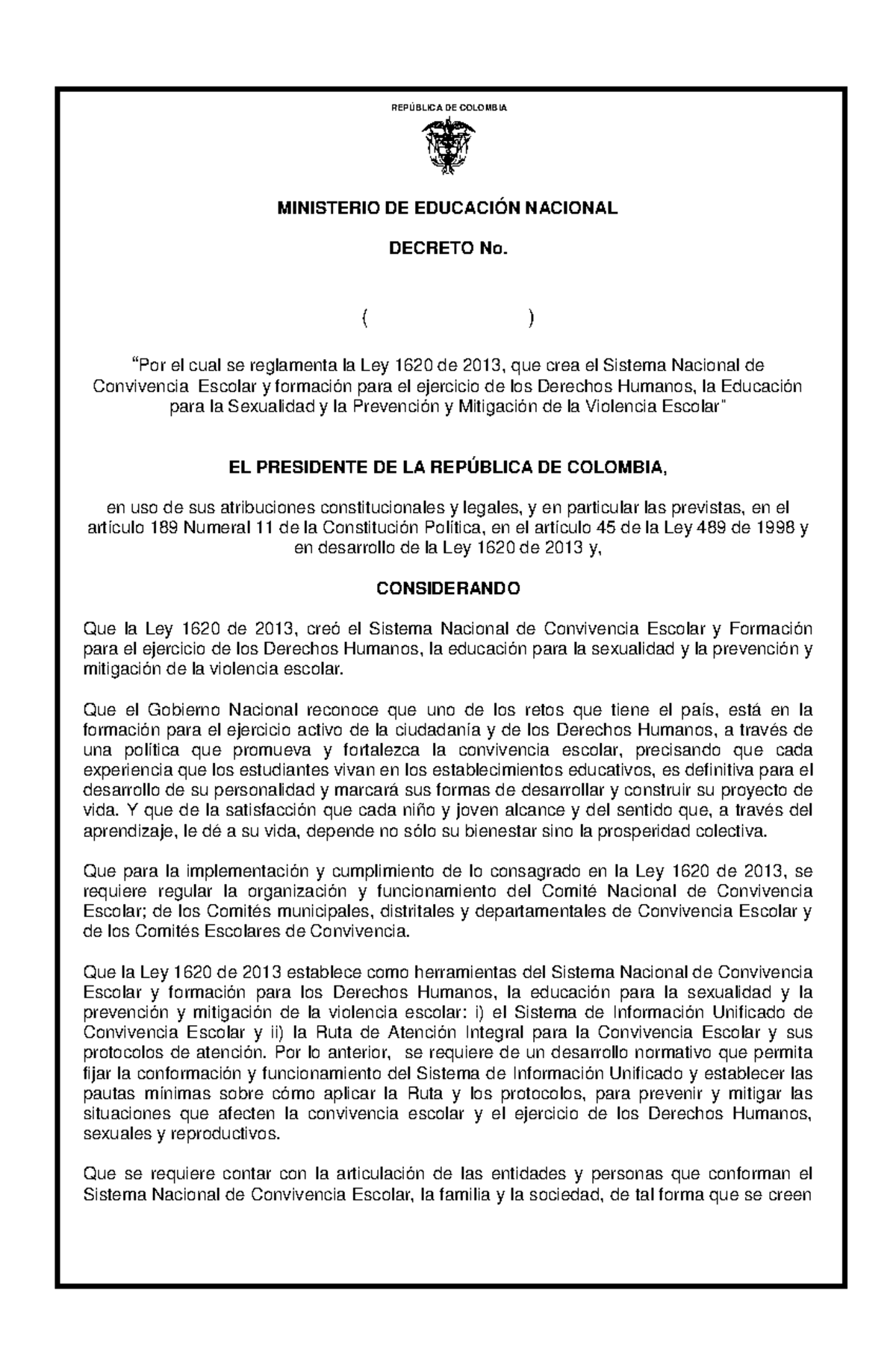 Decreto No. ( ) sobre el Sistema Nacional de Convivencia Escolar y ...