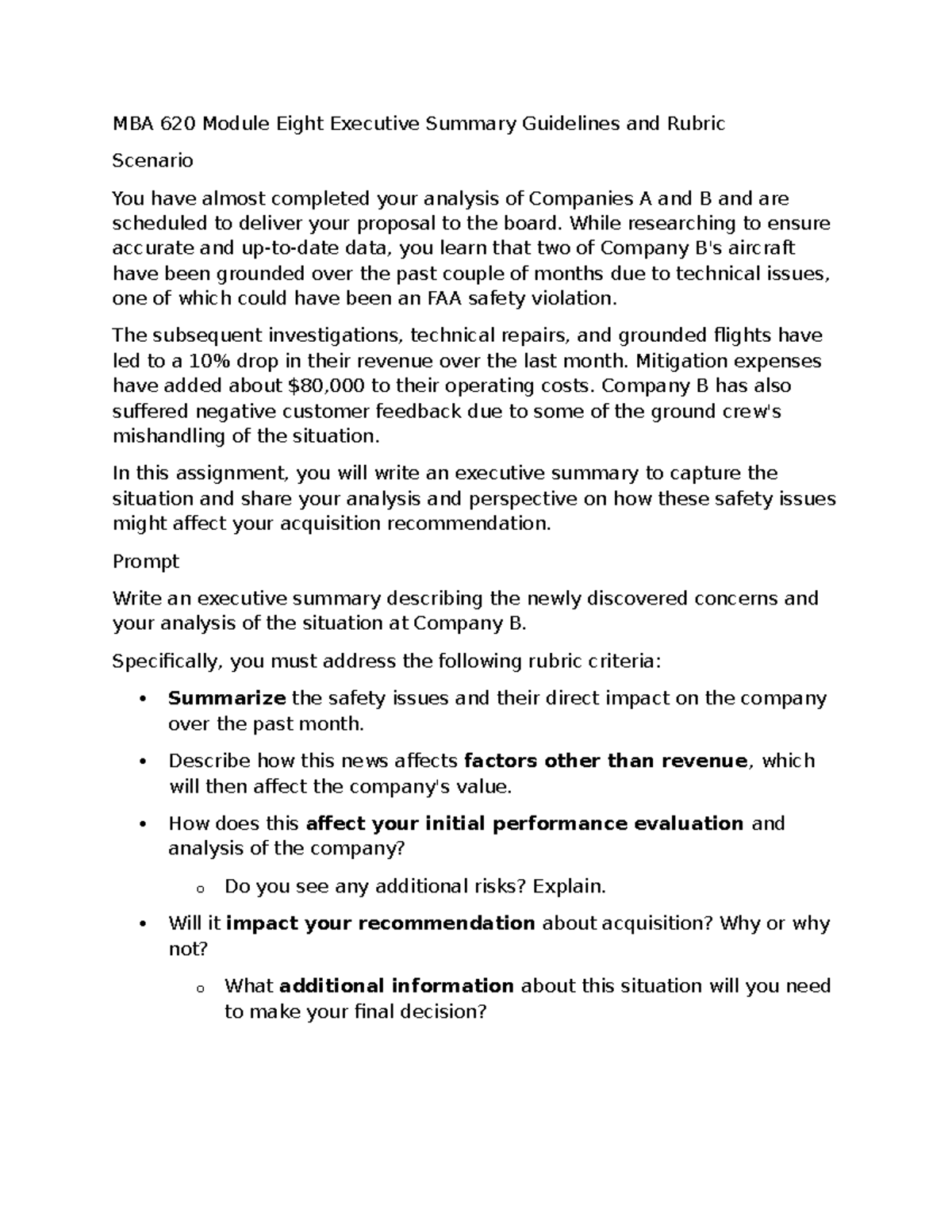 MBA 620 Exec Summary: Analysis of Safety Issues at Companies A & B ...