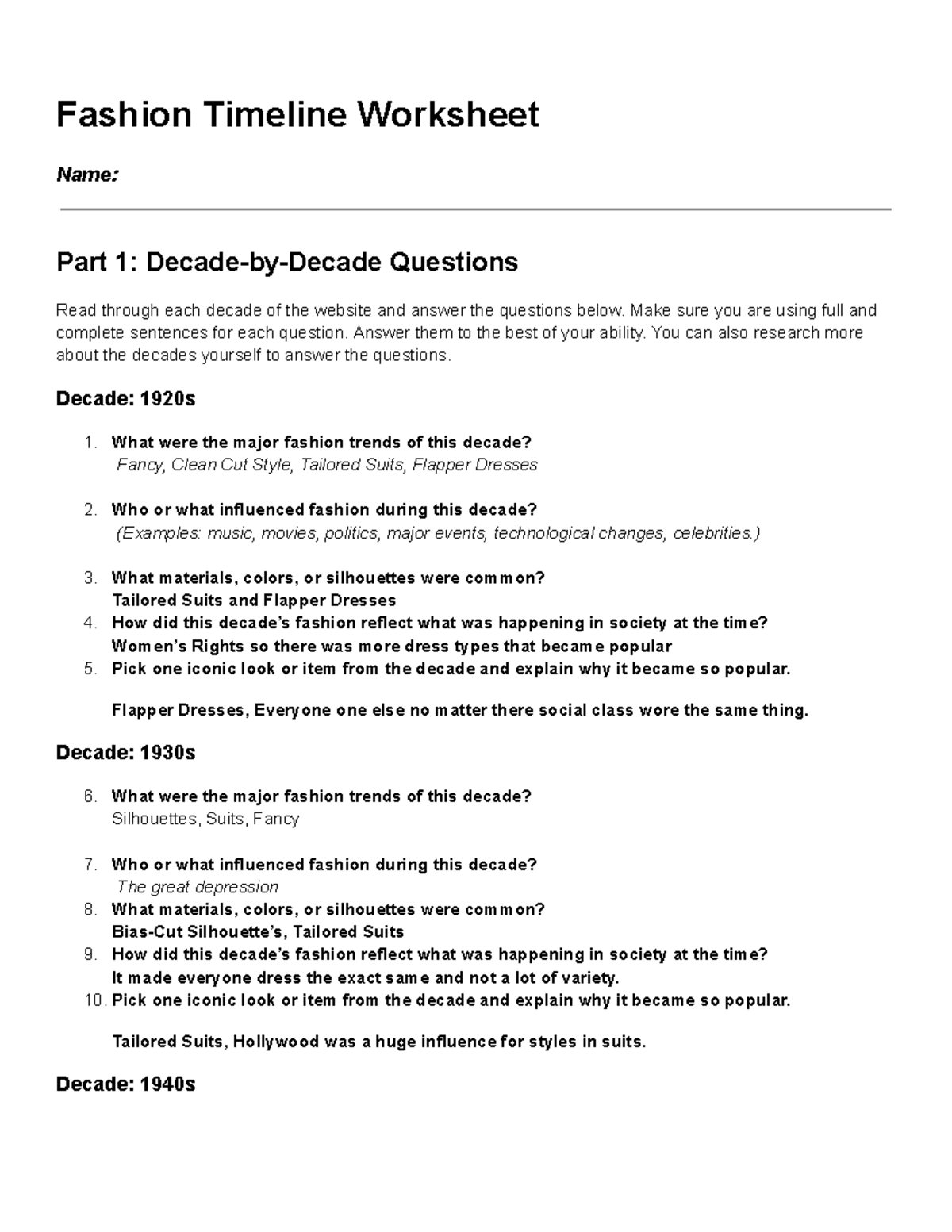 Fashion Timeline Worksheet: Decade Analysis & Reflections - Studocu