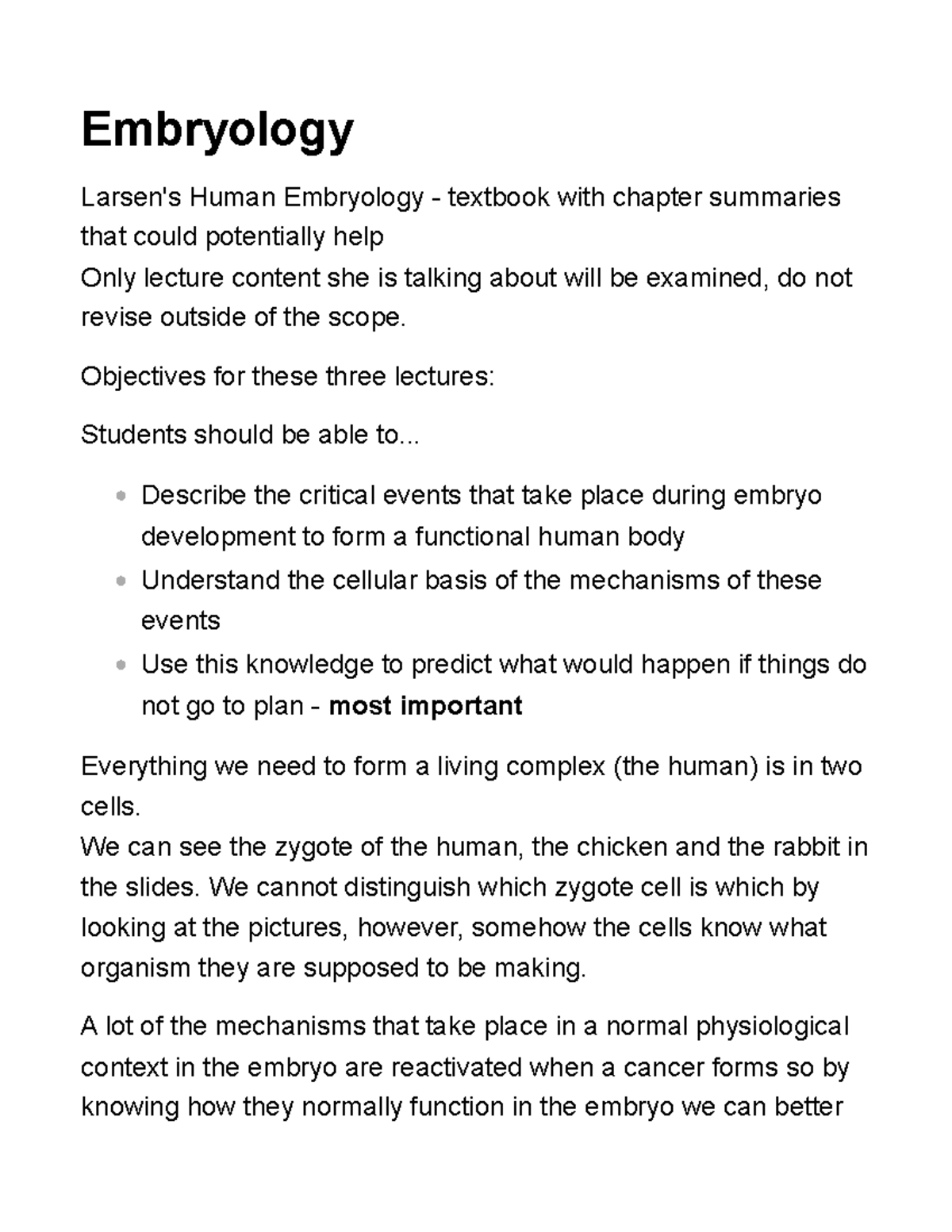 Human Embryology Lecture Notes (BIO 101): Key Concepts & Events - Studocu