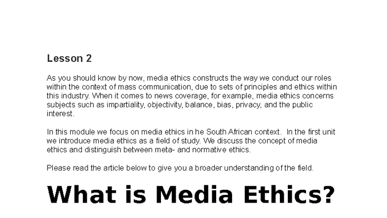 Lesson 4 - Understanding Media Ethics in South Africa (COM3707) - Studocu