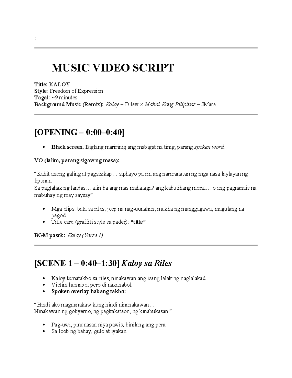 MUSIC VIDEO SCRIPT: KALOY - Freedom of Expression - Studocu