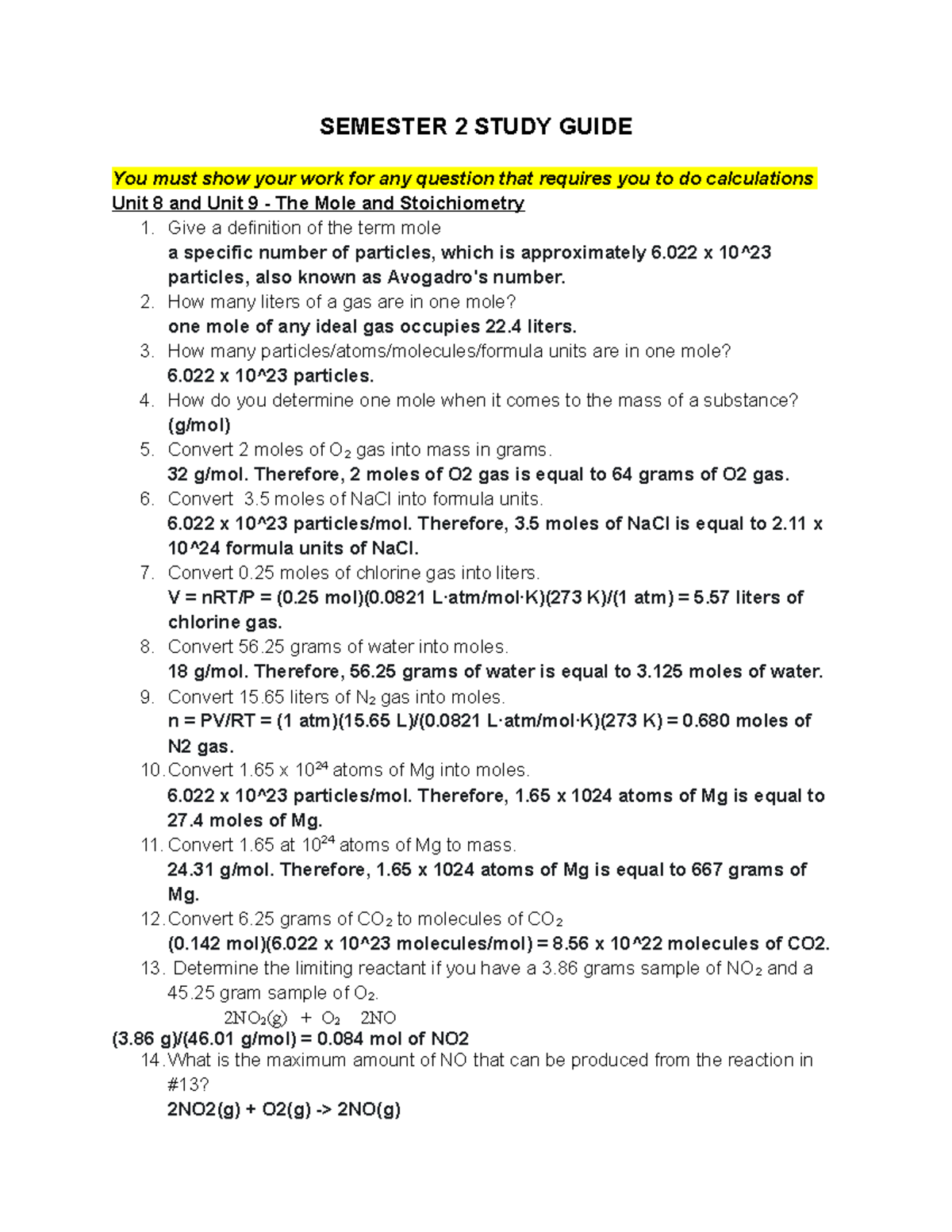 CHEM 101 - Semester 2 Study Guide: Mole, Stoichiometry, & Solutions ...