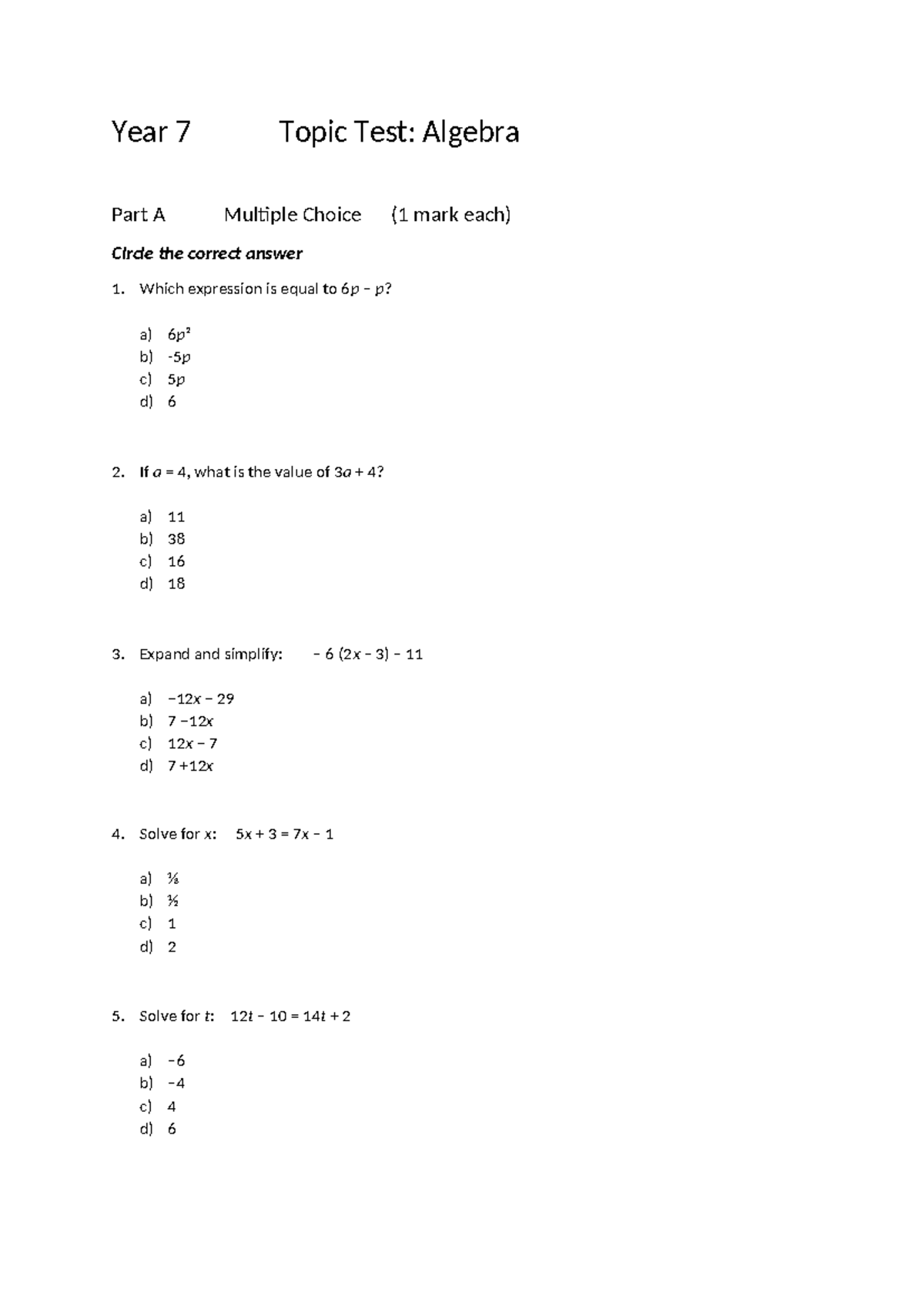 Year 7 Algebra Topic Test: Multiple Choice & Answers - Studocu