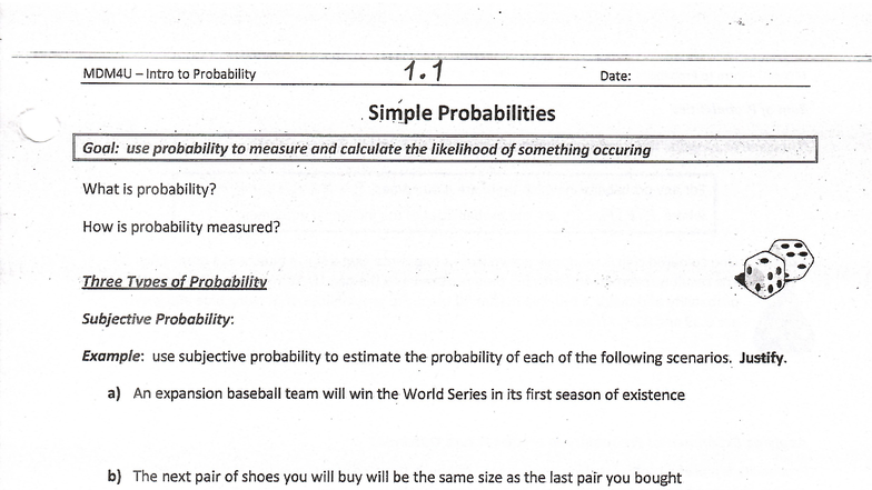 MDM4U Simple Probabilities Handout: Understanding Probability Concepts ...