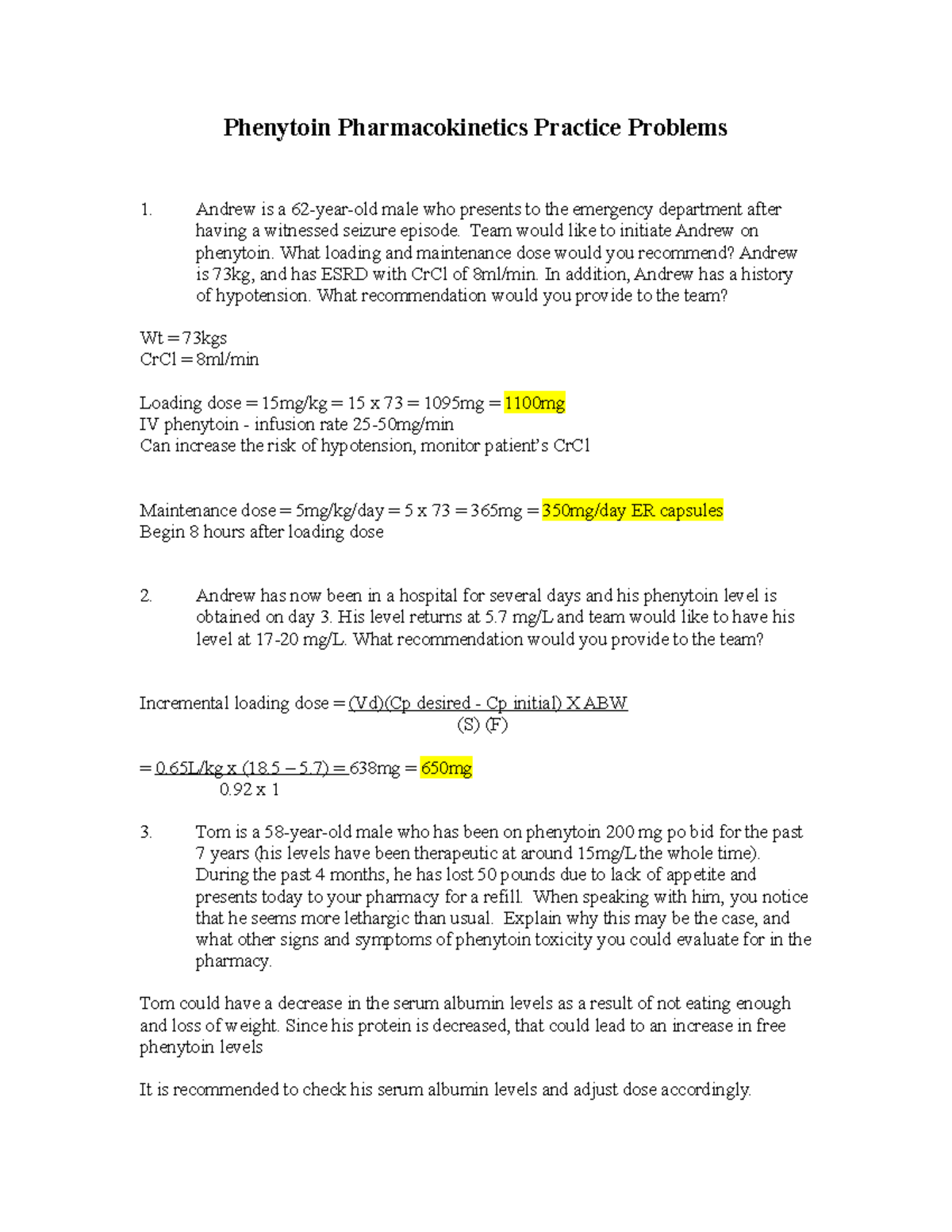 Phenytoin Pharmacokinetics Practice Problems - Sample Exam 2020 - Studocu