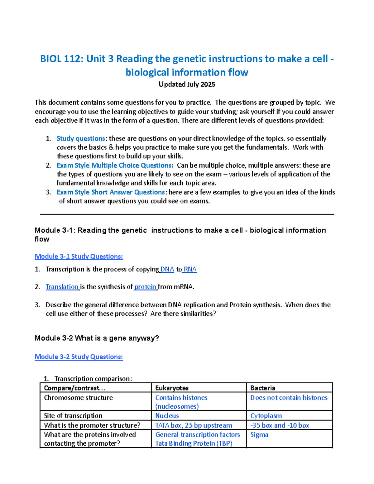 BIOL 112: Unit 3 Practice Questions on Genetic Instructions and Cell ...