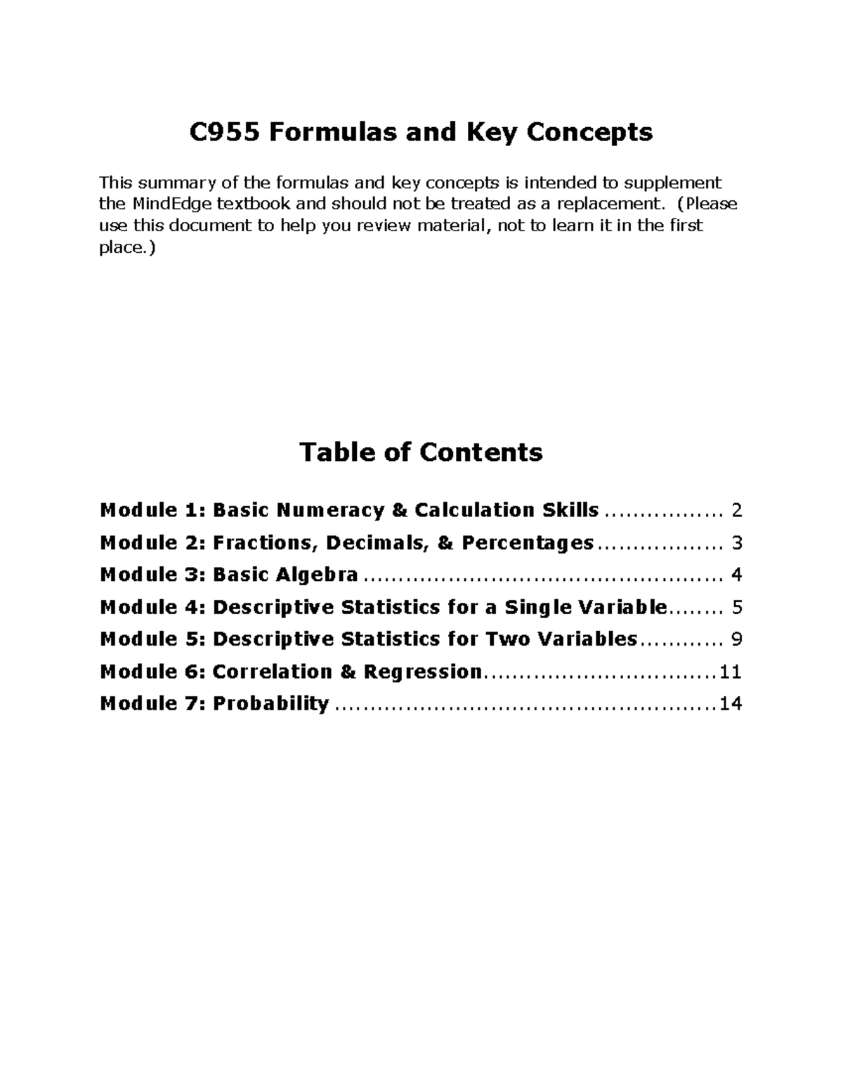 C955 Formulas and Key Concepts - (Please use this document to help you review material, not to ...