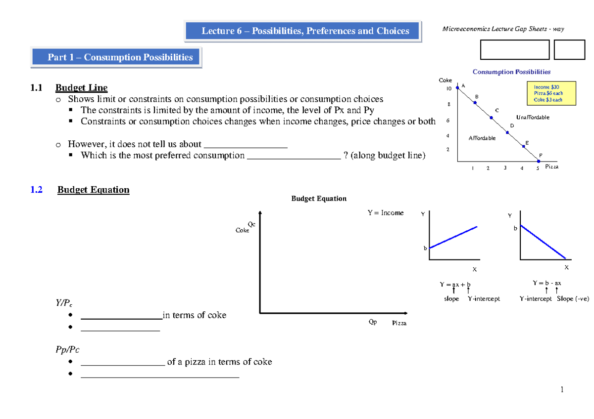 Lecture 6 Gap Sheet - Budget Line o Shows limit or constraints on ...