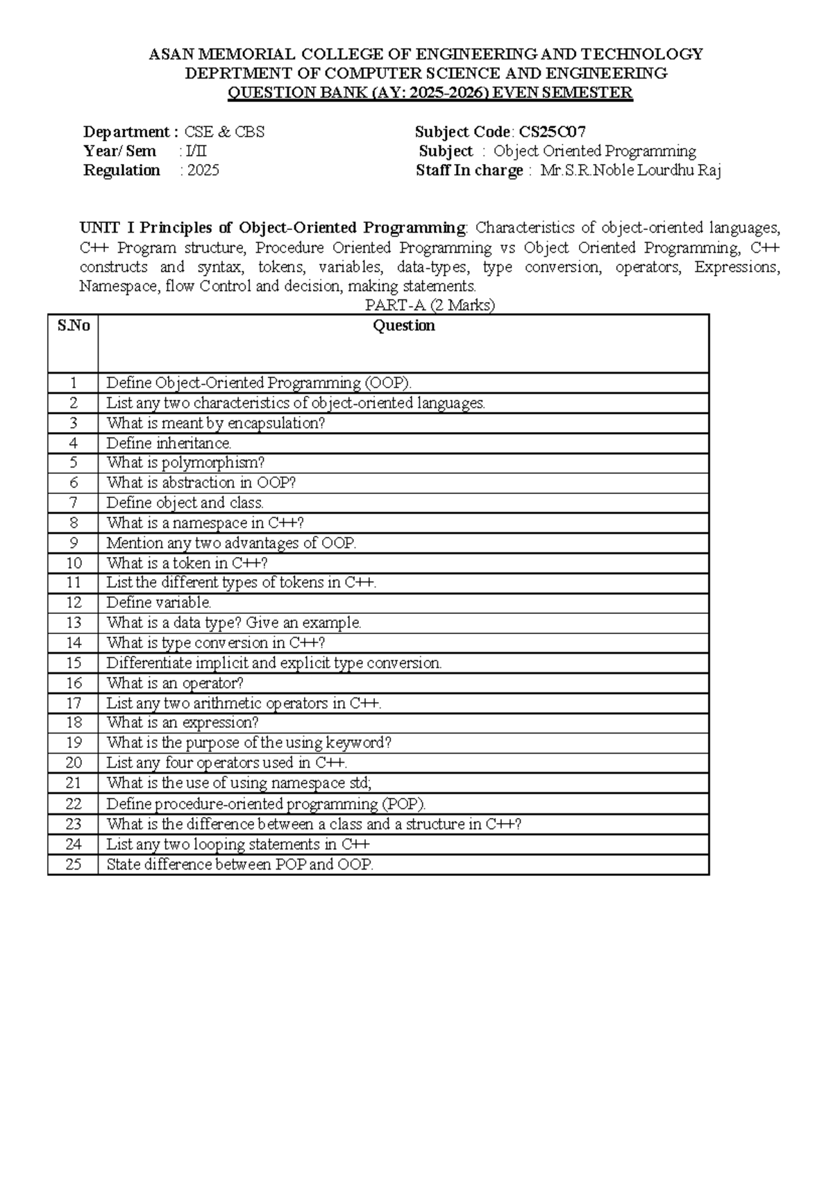 CSE CS25C07 Object Oriented Programming Question Bank - Even Sem - Studocu
