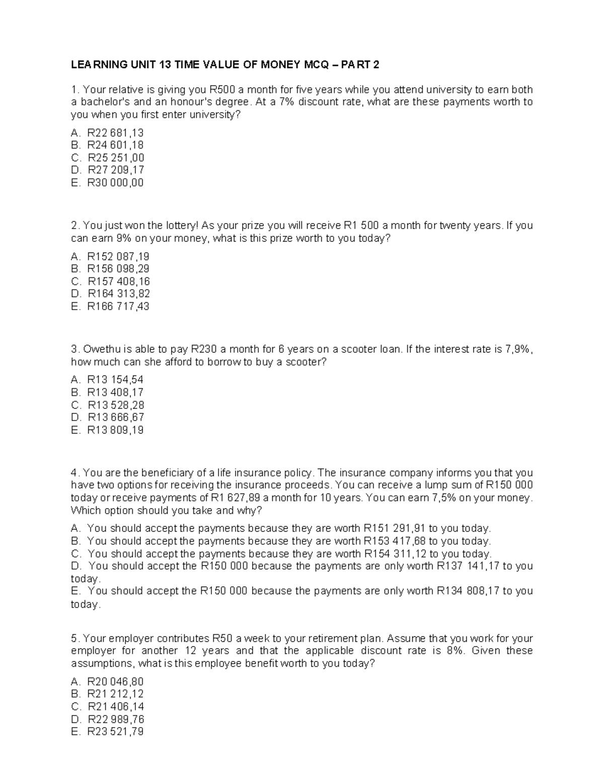Learning Unit 13.2: Time Value of Money MCQ Part 2 (Questions Only ...